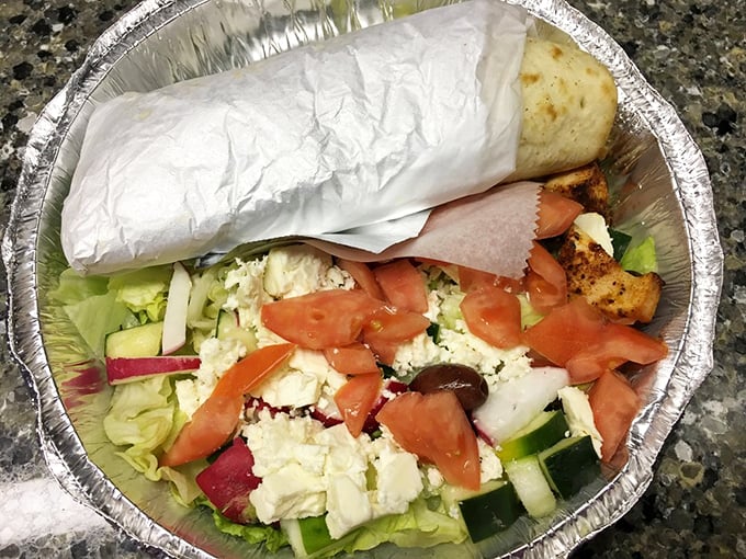 The Greek salad with chicken souvlaki brings Mediterranean sunshine to Maryland – a fresh counterpoint to the diner's more indulgent offerings.