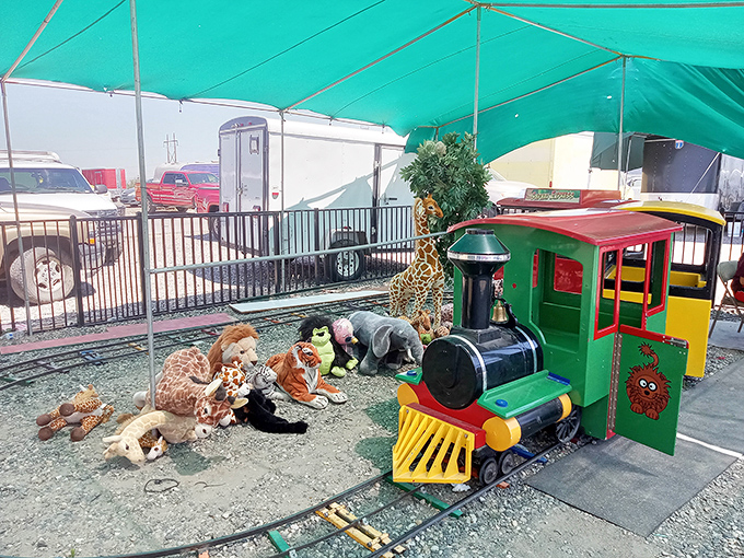 All aboard the imagination express! This miniature train and stuffed animal menagerie creates a kid-friendly oasis amid the shopping.