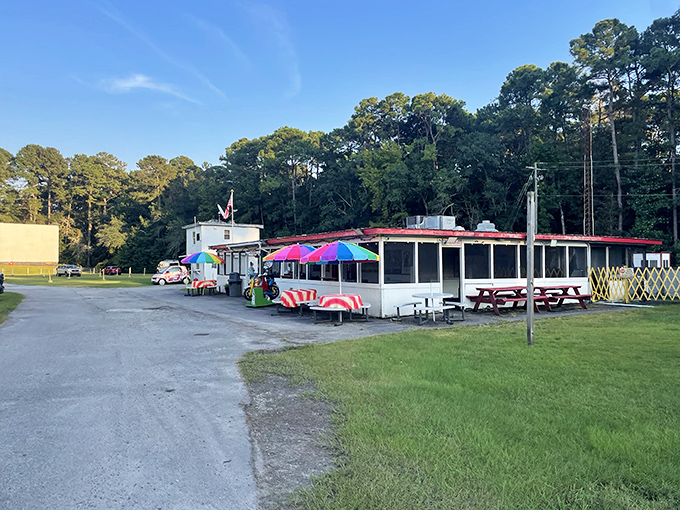 The concession stand—heart and soul of any drive-in experience. Those checkered floors have supported generations of popcorn-seeking movie fans.
