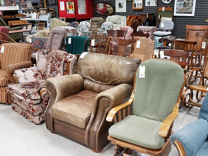 The furniture section resembles a living room time machine – from grandma's floral sofa to that leather recliner your dad swore by.