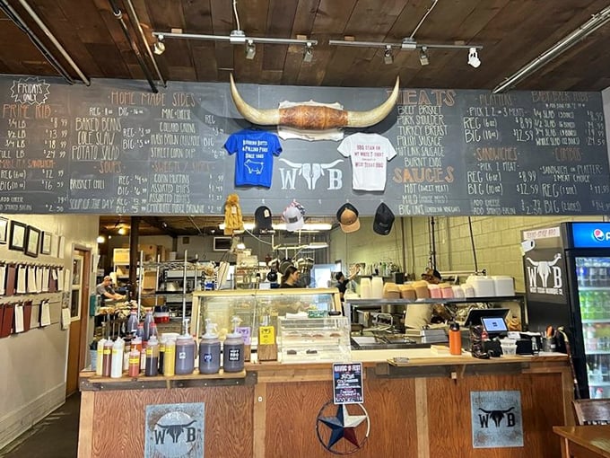 The counter where transactions are simple: you give money, they give happiness. Those longhorn decorations aren't just for show—they're a promise.