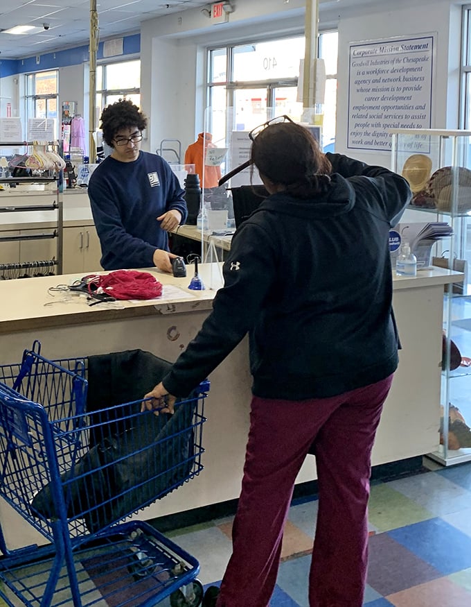 The final frontier of thrifting—the checkout counter, where friendly staff members help treasures complete their journey to new homes.