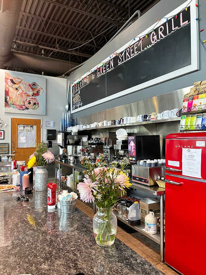 "Welcome to Green Street Grill" announces the chalkboard, while fresh flowers add a touch of "we actually care" to the counter.