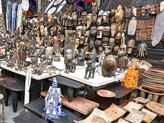 Not just masks, but windows into other cultures. This collection transforms a simple market table into a global anthropology exhibit.
