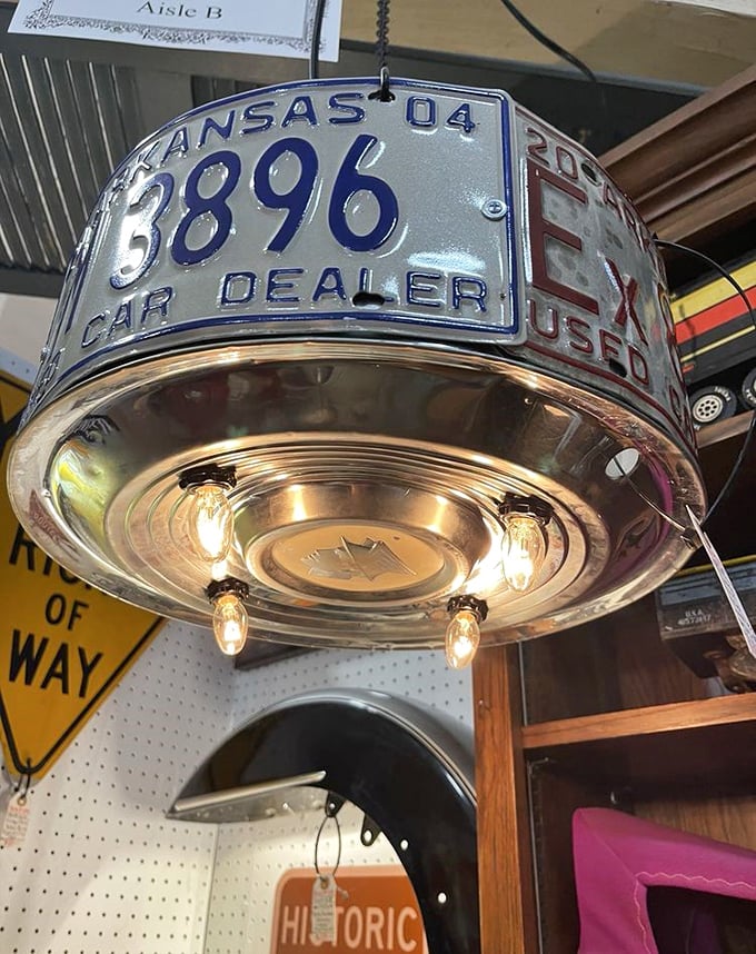 A light fixture fashioned from vintage license plates—illuminating both your room and your commitment to upcycling before it was cool.
