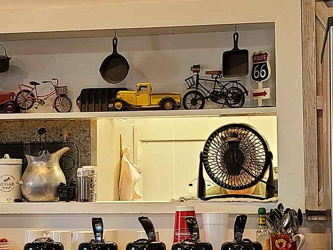 Vintage toys and cast iron pans line the shelves—not as calculated decor, but as honest artifacts of Southern living.