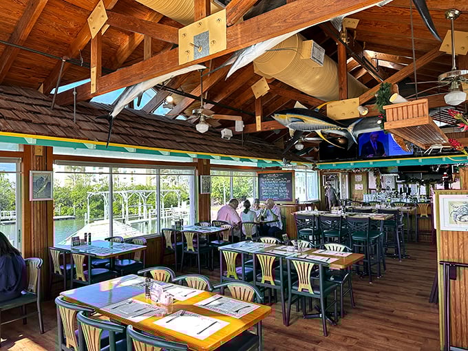 Wooden beams, water views, and tables awaiting hungry patrons – Billy's dining room is coastal Florida in architectural form.