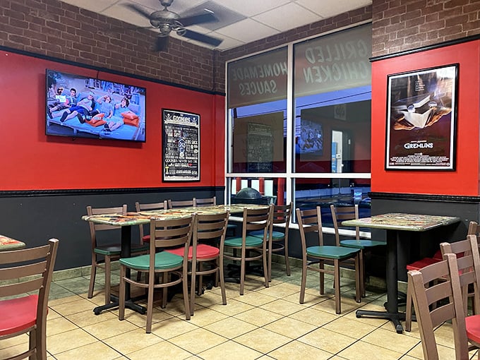 The dining area's brick walls and movie posters aren't just décor—they're conversation starters while you wait for the main conversation: the food.