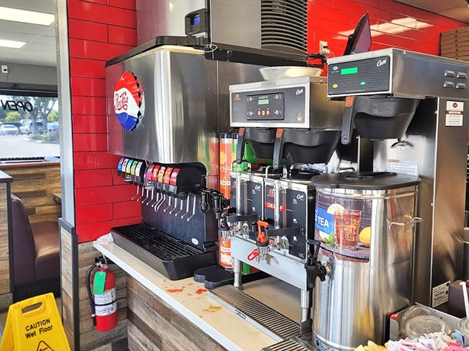The soda fountain area isn't just about beverages—it's a hydration station where decisions about carbonation levels are taken very seriously.