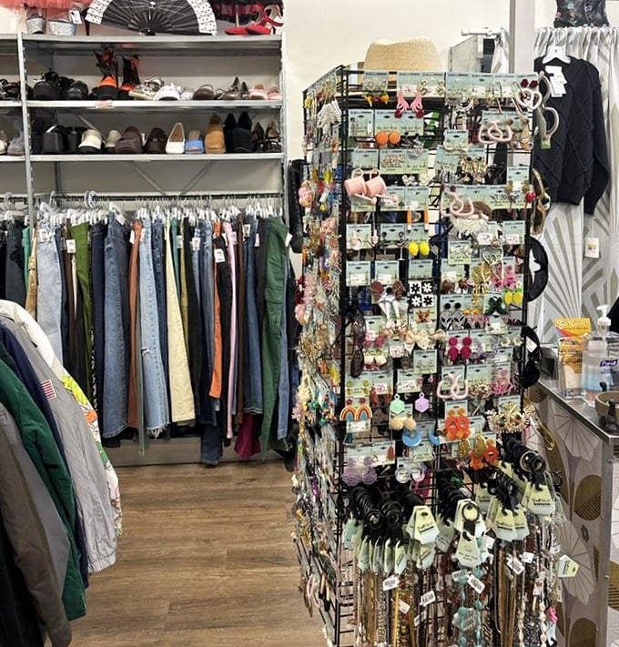 This accessories corner is like a jewelry box exploded in the best possible way—offering instant outfit upgrades for pocket change.