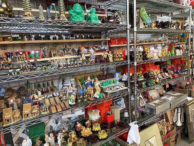 Figurine fantasy land where Buddha meets garden gnome. The perfect place to find that conversation piece for your living room shelf.