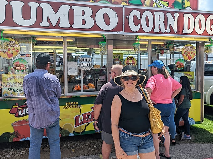 Jumbo corn dogs: the unofficial fuel of flea market adventures. Nothing tastes better than deep-fried nostalgia after hours of bargain hunting.
