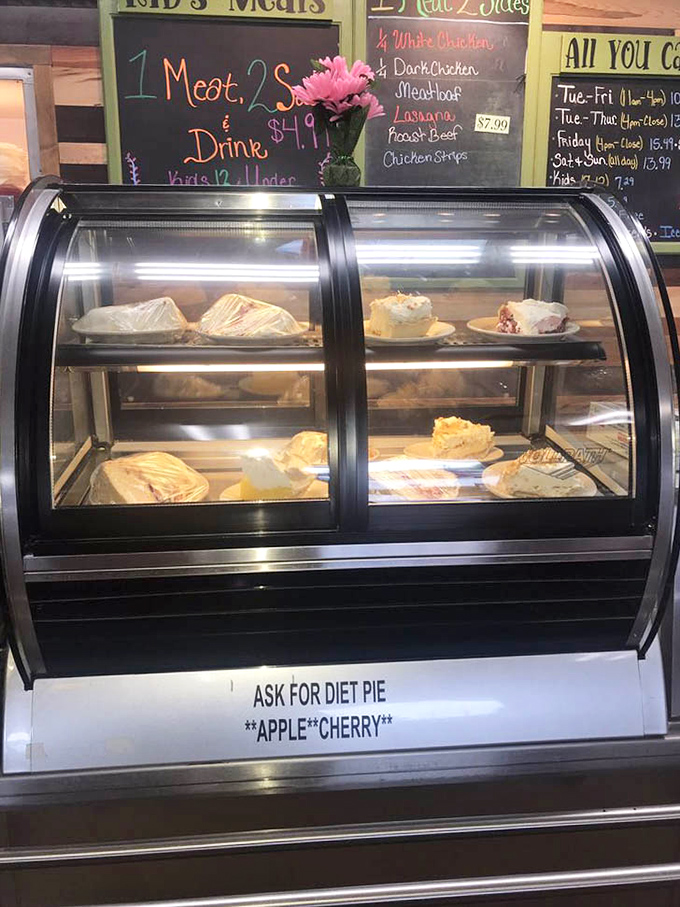 The dessert case—where diet plans go to die and nobody seems particularly upset about it. "Diet pie" might be the Midwest's best oxymoron.