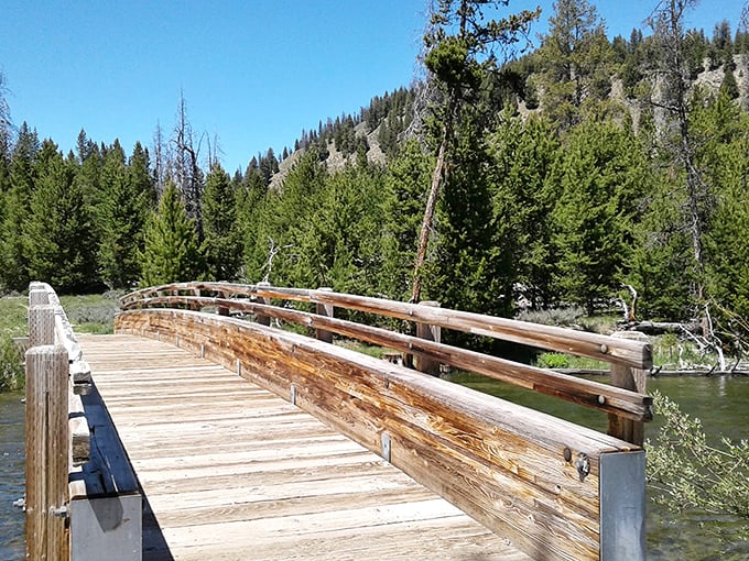 Crossing this footbridge feels like stepping into a Robert Frost poem—the wooden path less traveled by makes all the difference.