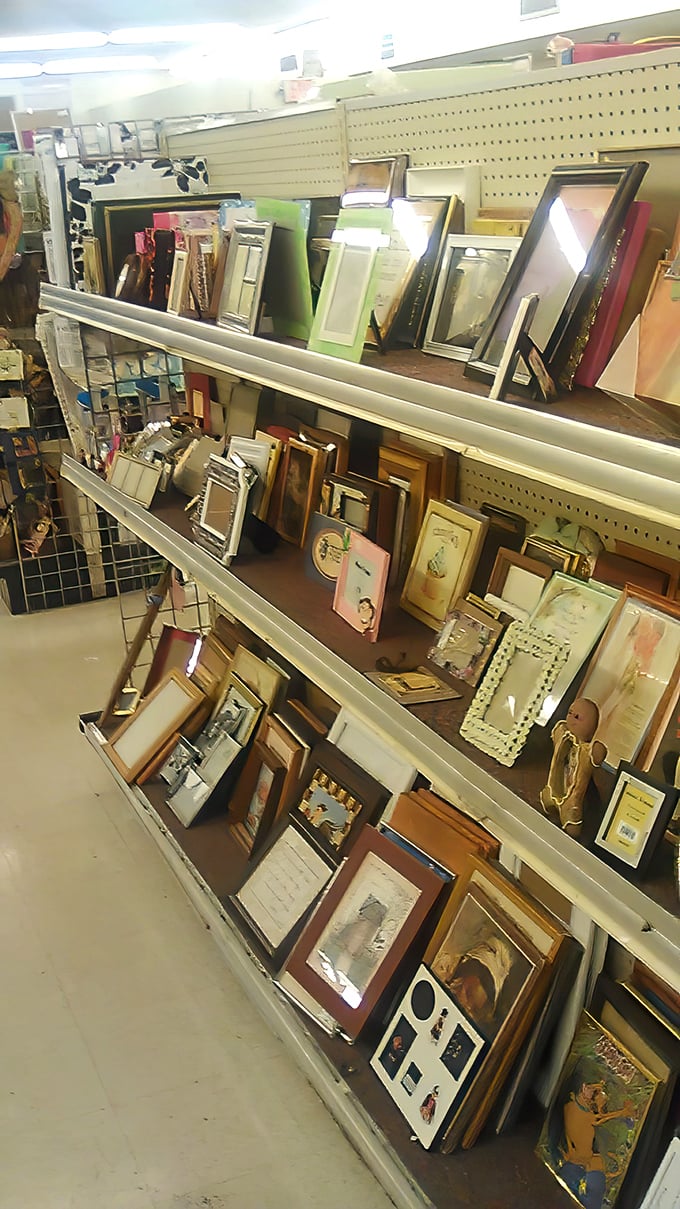 Picture frames galore—each waiting for your family photos or vintage art finds. One person's decluttered mantel becomes another's gallery wall.