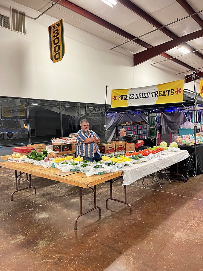 Farm-to-flea-market freshness! Local produce brings a burst of color and vitality amid the vintage treasures and collectibles.