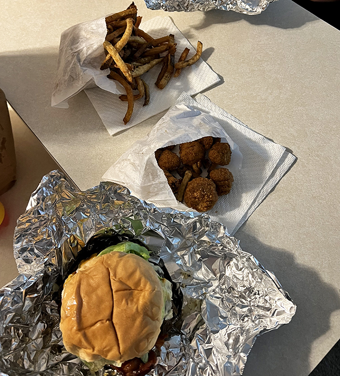 A complete Checkers experience laid out like a still life painting—if still life paintings made your mouth water uncontrollably.