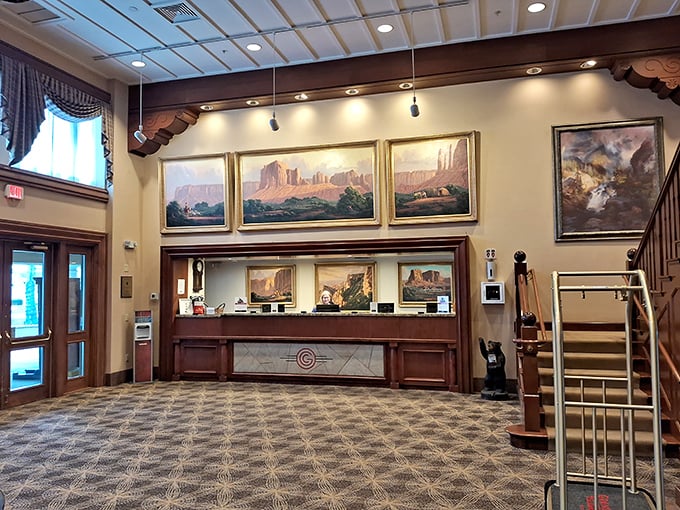 The hotel lobby welcomes travelers with Southwestern grandeur and landscape paintings. After a day of adventure, those check-in counters look like the gates of paradise.