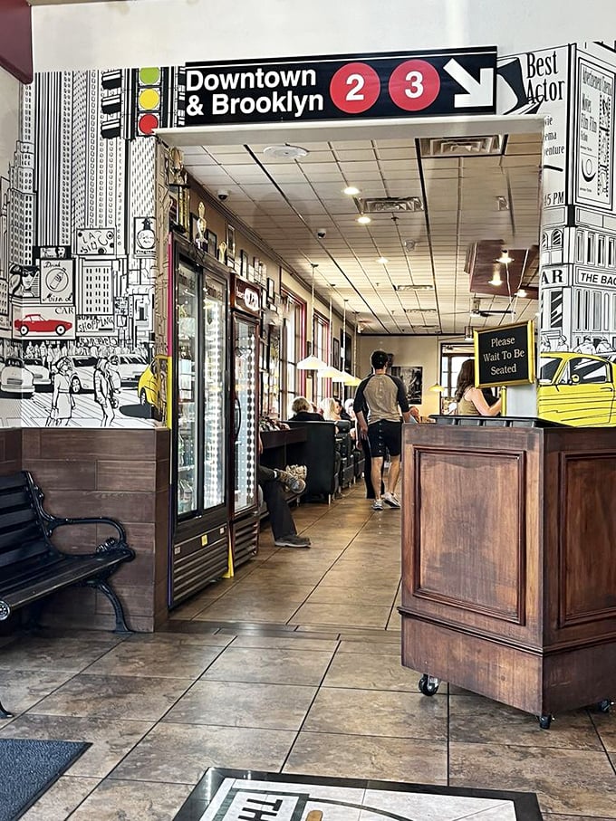 The entrance features New York subway-inspired décor—a playful reminder of this deli's East Coast soul in its Western home.