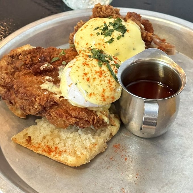 Eggs Benedict gets a Southern makeover with crispy chicken and hot honey—brunch will never be the same after this revelation. 