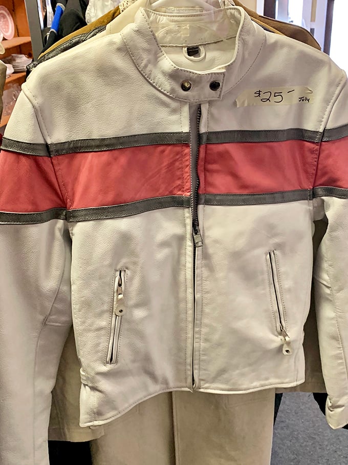 Fashion finds that won't break the bank! This vintage leather jacket with racing stripes would cost ten times more in any trendy boutique. 
