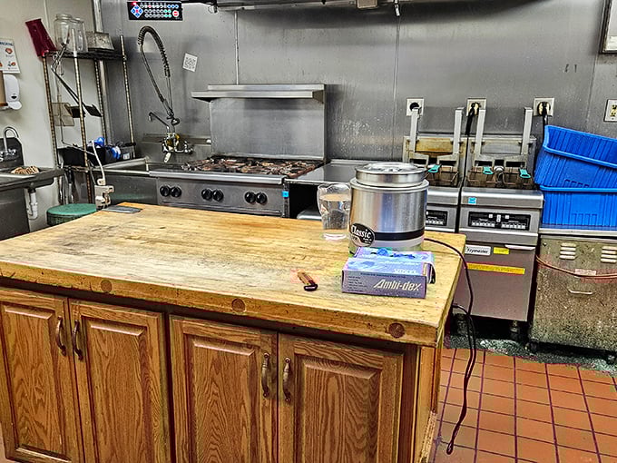 The kitchen where magic happens. No molecular gastronomy or fancy equipment – just well-seasoned equipment that knows its purpose.