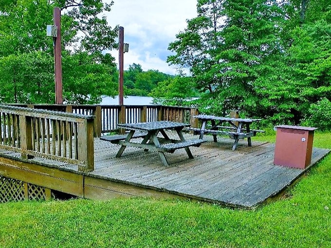 Lakeside deck dining—where even a peanut butter sandwich tastes gourmet when served with a side of that view.