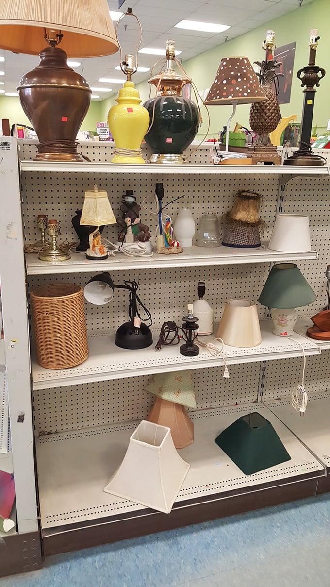 Lampshade lane showcases lighting options from every decade—from "grandmother's parlor" to "1970s basement rec room" and everything illuminating in between.