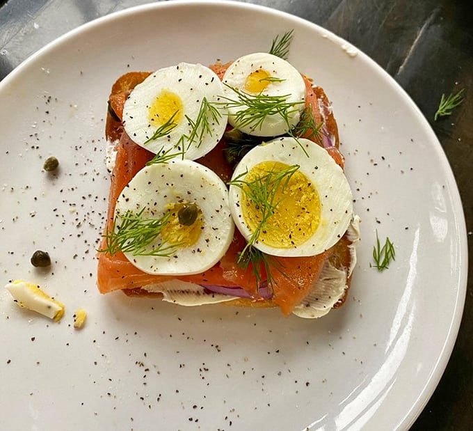 Salmon, hard-boiled eggs, and fresh dill on toast—a breakfast that makes you feel sophisticated even if you're still in yesterday's pajama pants.