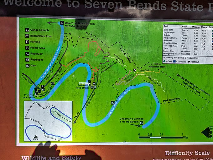 The trail map—where X marks the spot for treasure hunters seeking waterfalls instead of gold and forest shade instead of doubloons.