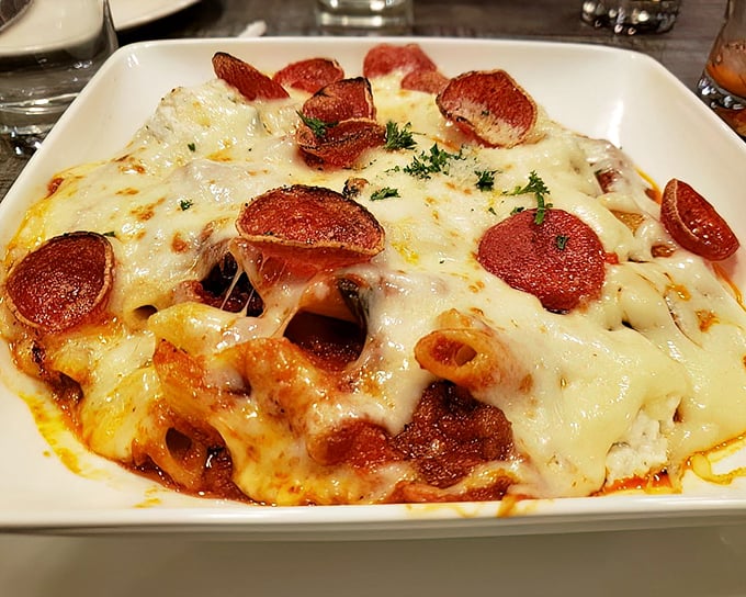 This pasta dish plays the greatest hits of Italian-American cuisine – featuring pepperoni as the unexpected rock star of the plate.