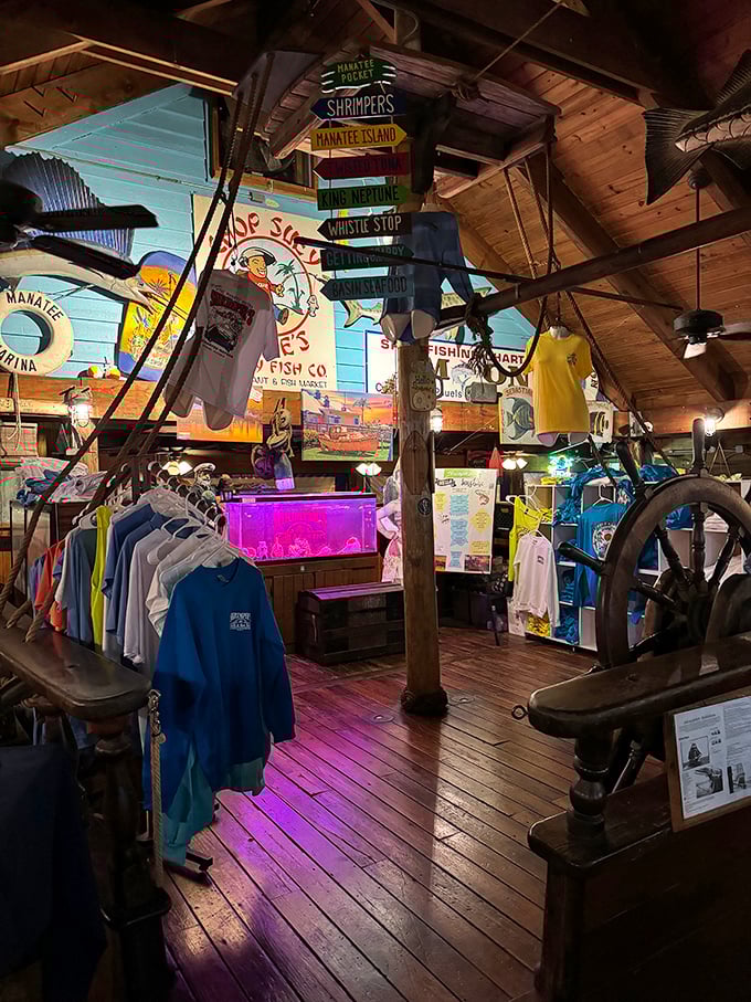 The gift shop: where T-shirts and fishing memorabilia let you take home the vibe when your stomach is too full for leftovers.
