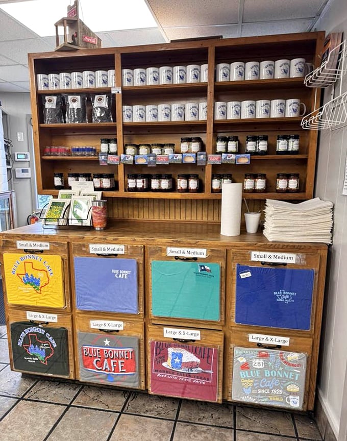 Merchandise corner—because sometimes you need a souvenir to remember your food coma by. Those t-shirts are badges of honor in certain Texas circles.