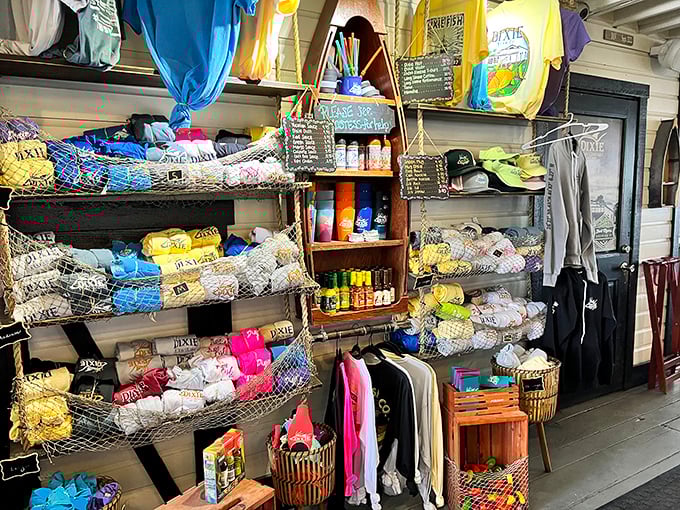 The merchandise corner – where you can take home a souvenir that doesn't involve smuggling key lime pie in your carry-on. T-shirt memories last longer anyway.