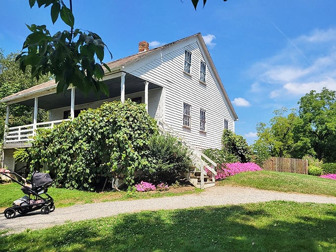 Summer blooms frame this farmhouse porch—where sitting and watching the world go by isn't wasting time, it's living.