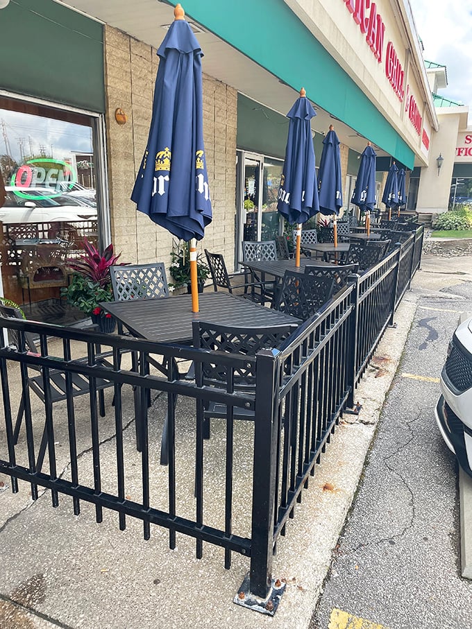 The patio seating offers fresh air with your fresh guacamole. Those blue umbrellas? They're not just shade—they're outdoor dining optimism.