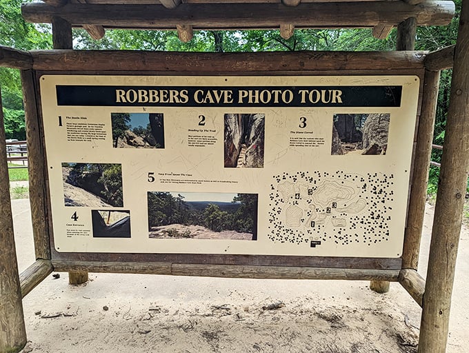 The photo tour sign—because even outlaws would appreciate good directions to the most picturesque spots in their hideout.