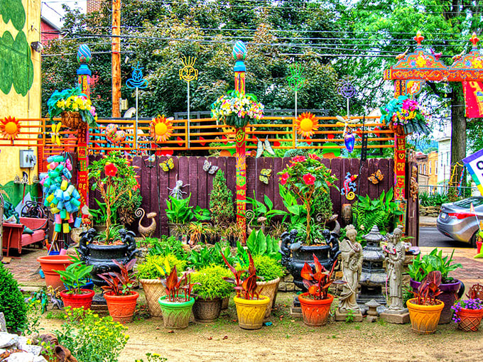 The garden doesn't just grow plants—it cultivates wonder through sculptures and colors that Mother Nature might consider a bit much.
