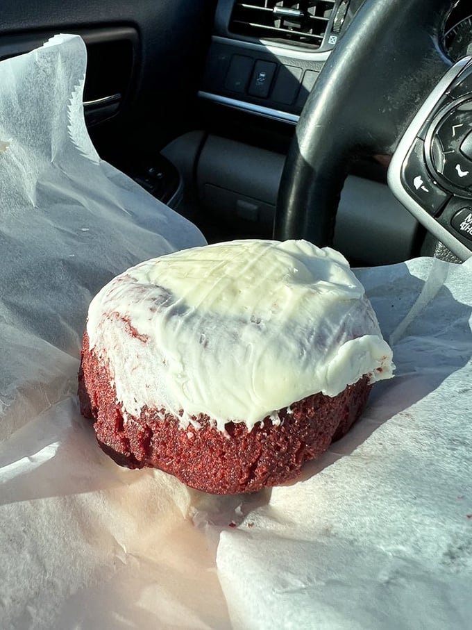 Red velvet with cream cheese frosting—the formal wear of the donut world, dressed up but still comfortable enough for breakfast.