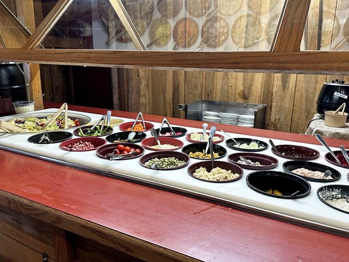 The salad bar—nature's apology for winter in Indiana. Fresh, colorful, and arranged with the precision of a garden quilt.