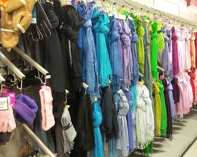 The scarf section showcases a color spectrum that would make a rainbow jealous. Winter accessories or summer fashion statements—take your pick!