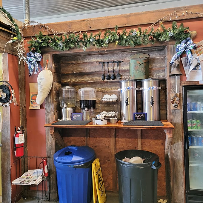 The rustic beverage station, dressed in holiday greenery, offers sweet tea and unsweet – the yin and yang of Southern hydration philosophies.