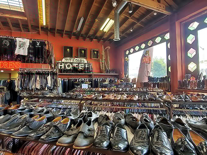 The shoe section offers a time-traveling footwear experience—from disco platforms to western boots that have seen more than their share of line dances.