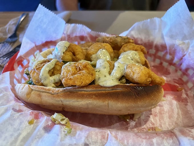 This shrimp po' boy doesn't just transport you to New Orleans – it buys you a house there and introduces you to all the neighbors.