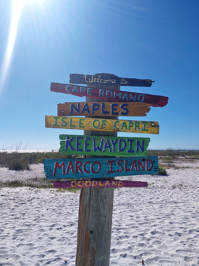 The most honest road sign in Florida—pointing to paradise in multiple directions, with Keewaydin getting prime real estate.