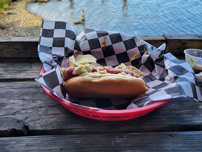 The humble hot dog gets the coastal treatment—proof that even the simplest foods deserve their moment in the Florida sun.