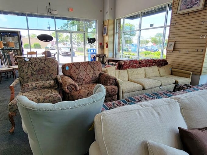 A furniture showroom where baroque meets mid-century modern, and somehow they get along just fine.