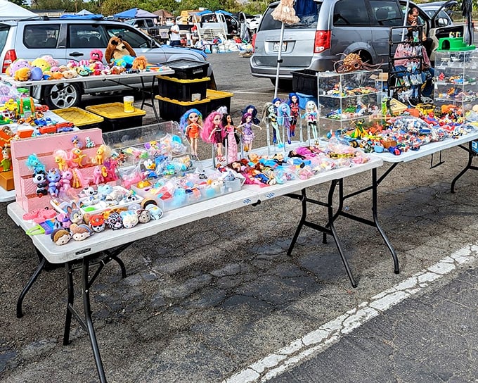 Treasure hunting at its finest—the swap meet transforms parking spaces into miniature toy stores where childhood nostalgia is always in stock.