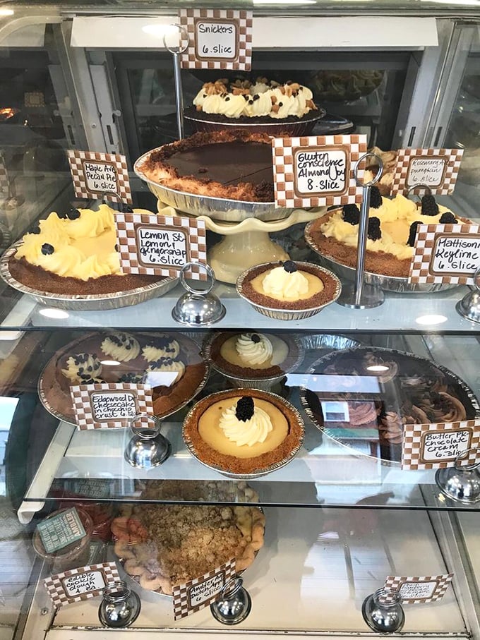 Sweet pie display cases that force difficult decisions—do you choose chocolate, lemon, or just order one of each?