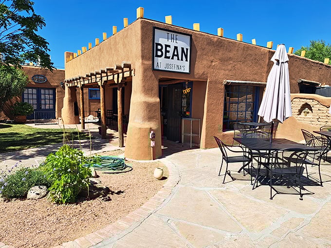 The Bean at Josefina's offers caffeine salvation in an adobe sanctuary, where outdoor tables invite lingering conversations under New Mexico's famous blue skies.